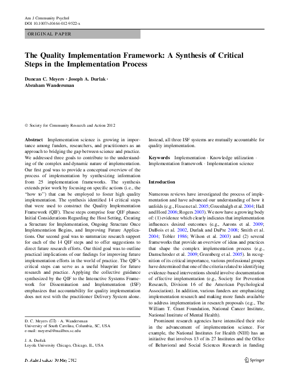 (PDF) The Quality Implementation Framework: A Synthesis of Critical ...
