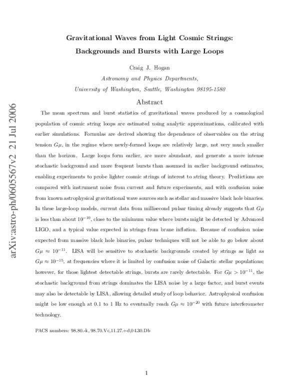 (PDF) Gravitational waves from light cosmic strings: Backgrounds and ...