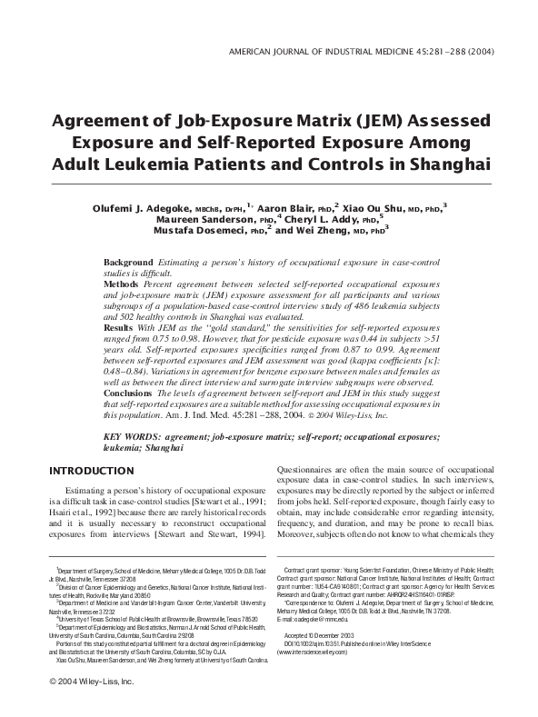 (PDF) Agreement of job-exposure matrix (JEM) assessed exposure and self ...