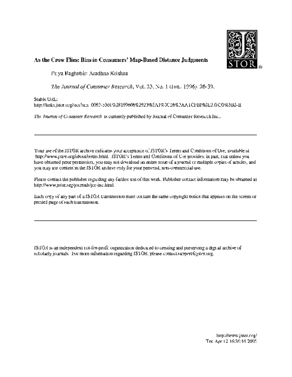 (PDF) As the Crow Flies: Bias in Consumers' Map-Based Distance Judgments