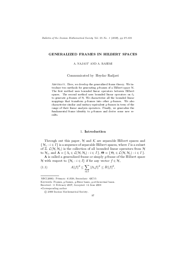 Pdf Generalized Frames In Hilbert Spaces