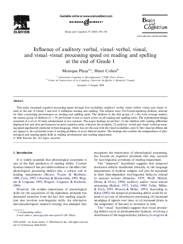 (PDF) Influence of auditory–verbal, visual–verbal, visual, and visual–visual processing speed on ...
