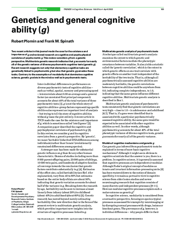 (PDF) Genetics and general cognitive ability (g)