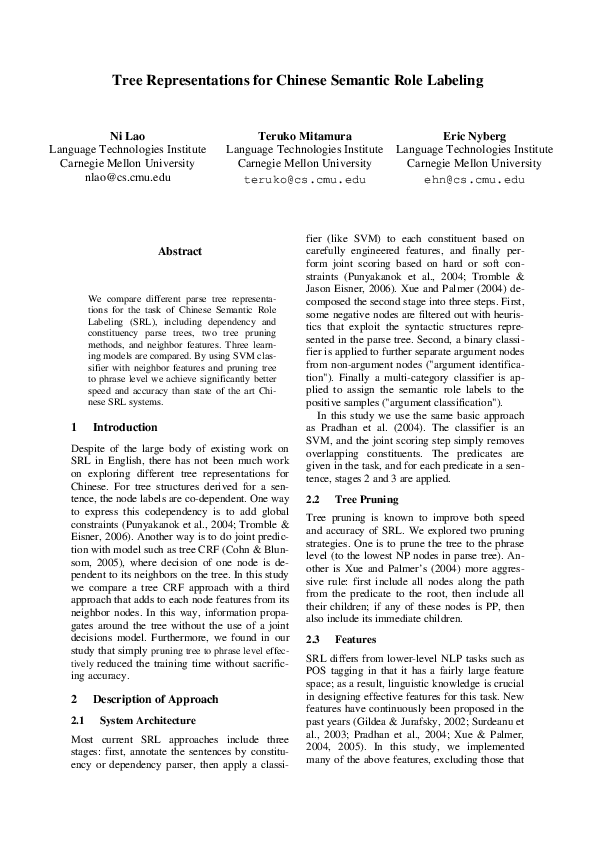 (PDF) Tree Representations for Chinese Semantic Role Labeling