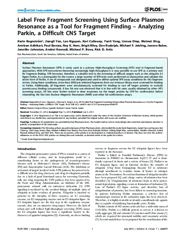 (PDF) Label Free Fragment Screening Using Surface Plasmon Resonance as ...