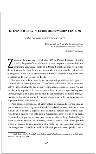 (PDF) (2011) "El pensador de la incertidumbre: Zygmunt Bauman”, en Pérez Fernández del Castillo ...
