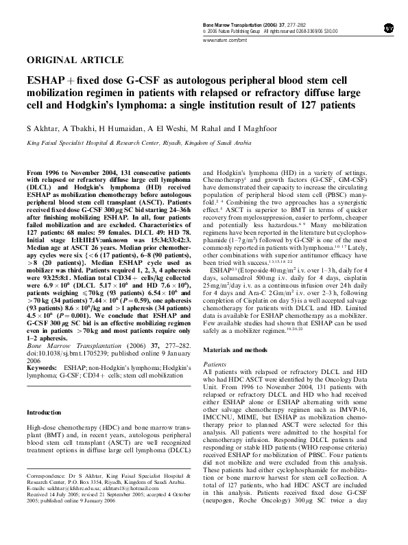 (PDF) ESHAP+fixed dose G-CSF as autologous peripheral blood stem cell ...