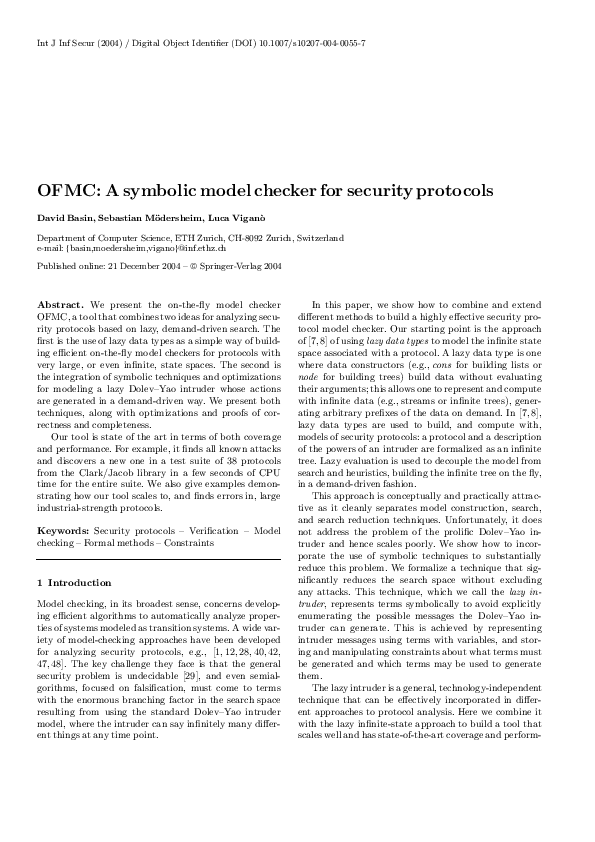 Pdf Ofmc A Symbolic Model Checker For Security Protocols 1155
