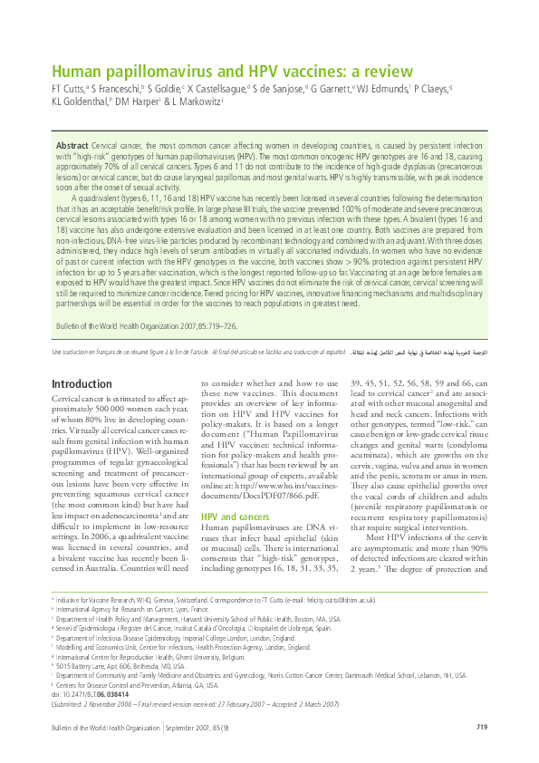 (PDF) Human papillomavirus and HPV vaccines: a review