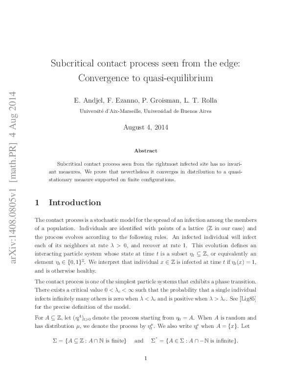 (PDF) Subcritical contact process seen from the edge: Convergence to ...