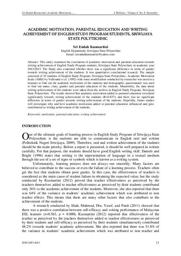 (PDF) ACADEMIC MOTIVATION, PARENTAL EDUCATION AND WRITING ACHIEVEMENT ...