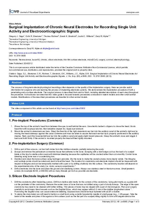 (PDF) Surgical Implantation of Chronic Neural Electrodes for Recording ...