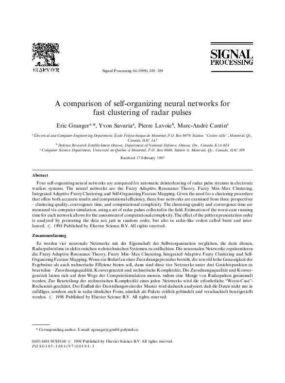 Pdf A Comparison Of Self Organizing Neural Networks For Fast Clustering Of Radar Pulses