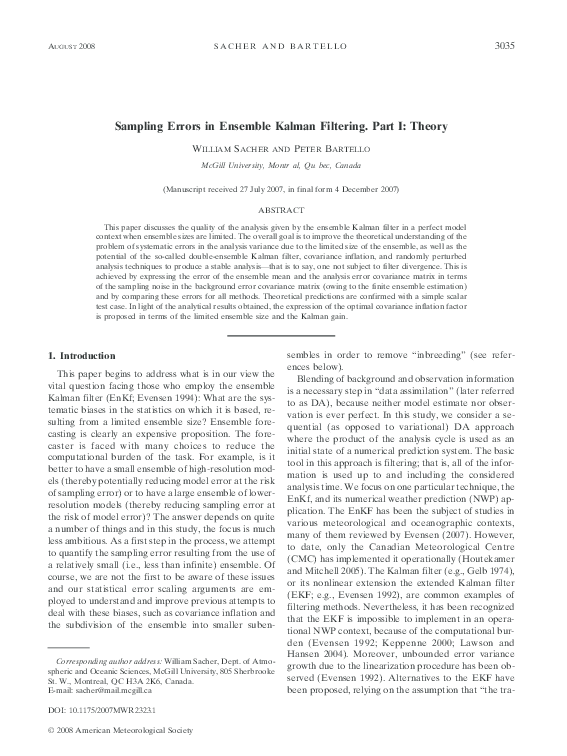 (PDF) Sampling errors in ensemble-based Kalman filtering. Part I: Theory