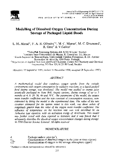 (PDF) Modelling of dissolved oxygen concentration during storage of packaged liquid doods