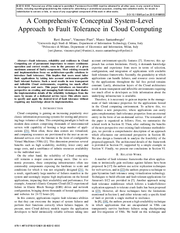 Pdf A Comprehensive Conceptual System Level Approach To Fault Tolerance In Cloud Computing