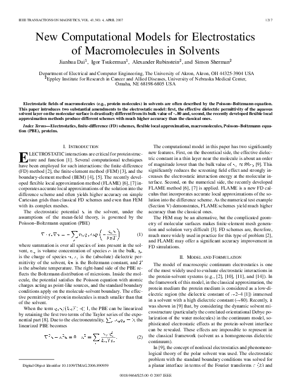 (PDF) New Computational Models for Electrostatics of Macromolecules in Solvents