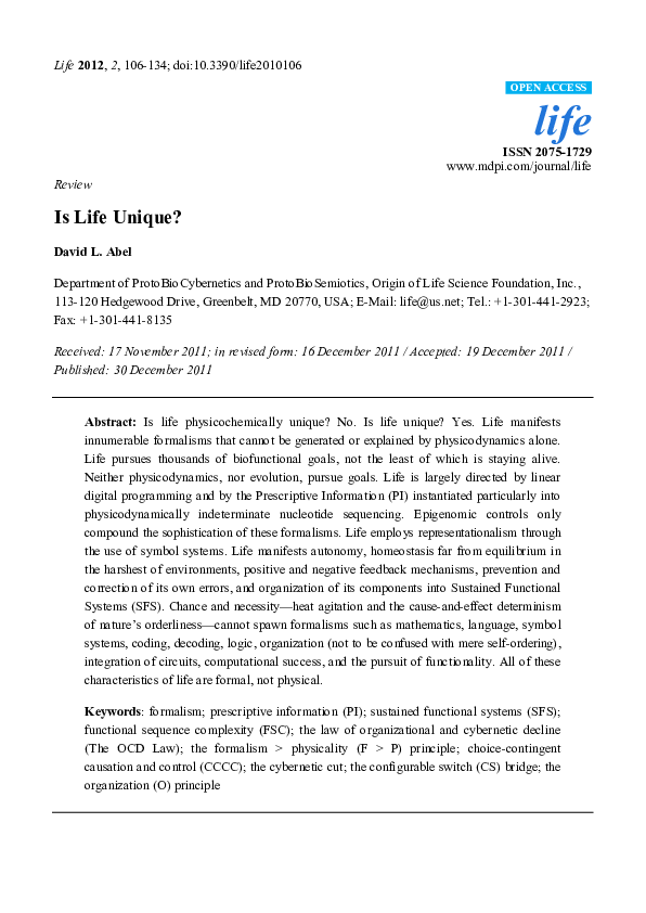(PDF) Is Life Unique?
