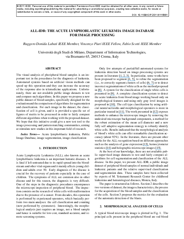 (PDF) All-IDB: The acute lymphoblastic leukemia image database for image processing
