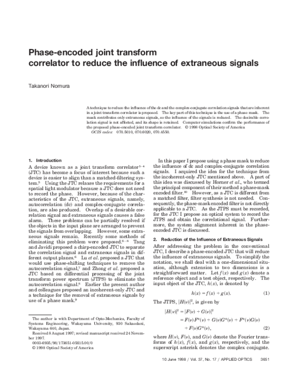 (PDF) Phase-Encoded Joint Transform Correlator to Reduce the Influence of Extraneous Signals