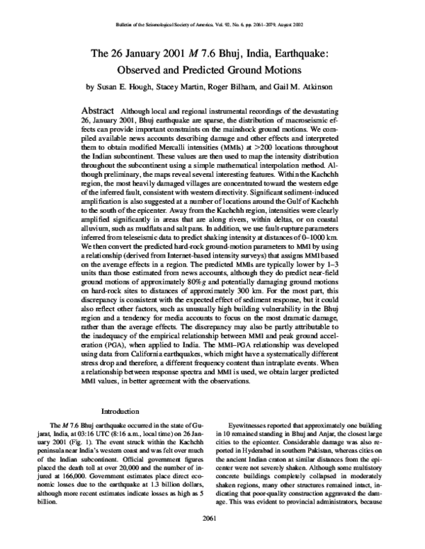 (PDF) The 26 January 2001 M 7.6 Bhuj, India, Earthquake: Observed and ...