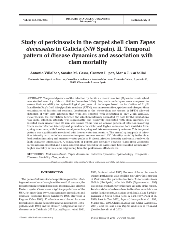 (PDF) Study of perkinsosis in the carpet shell clam Tapes decussatus in ...