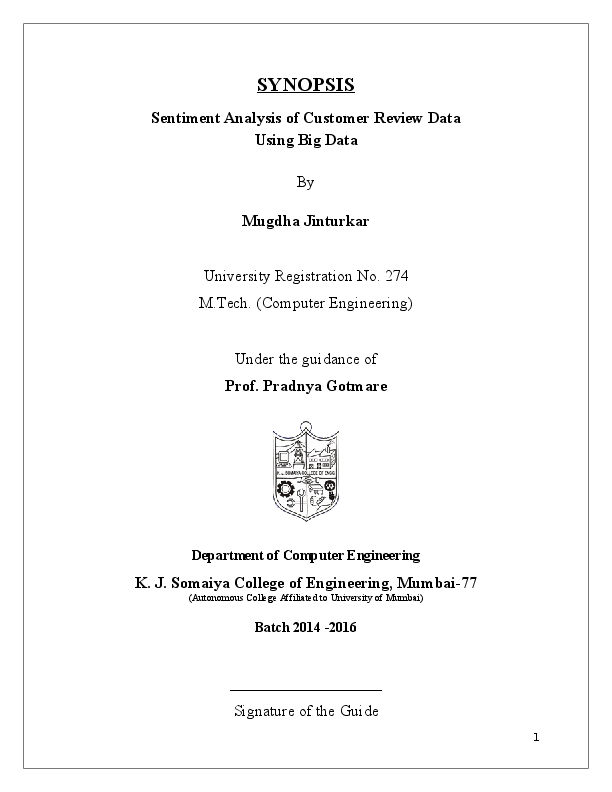 (DOC) SYNOPSIS Sentiment Analysis of Customer Review Data Using Big Data