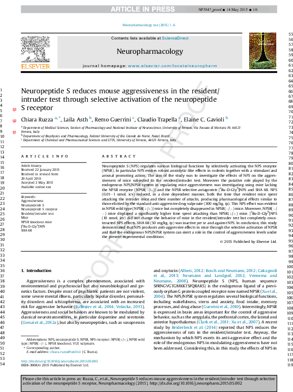 (PDF) Neuropeptide S reduces mouse aggressiveness in the resident ...