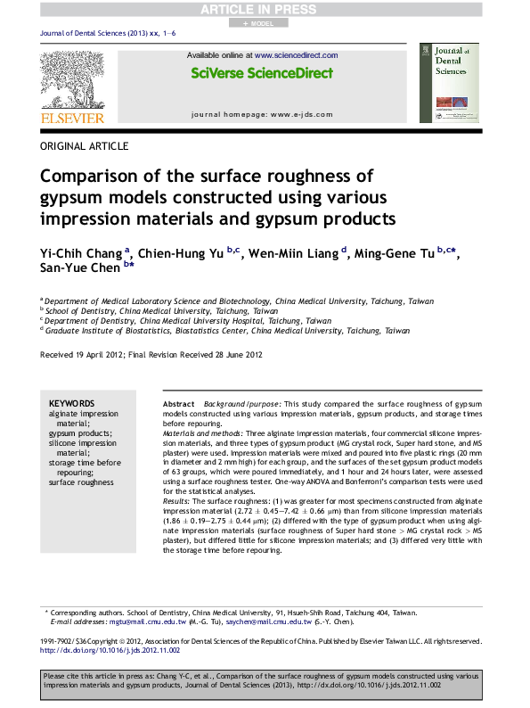 (PDF) Comparison of the surface roughness of gypsum models constructed ...