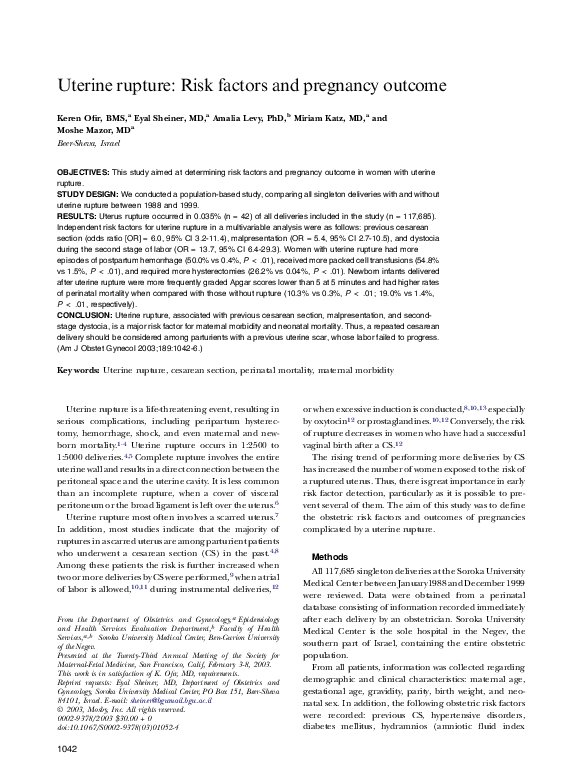 (PDF) Uterine rupture: risk factors and pregnancy outcome