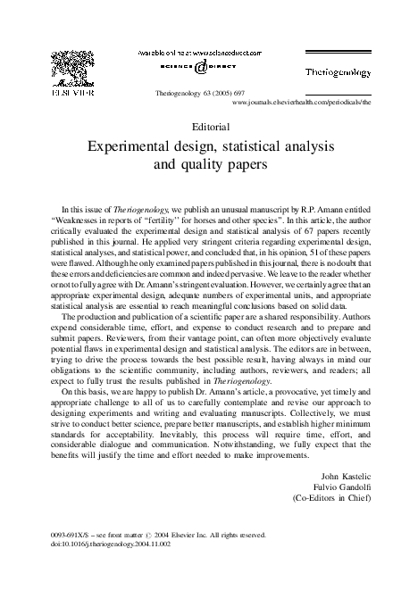 (PDF) Experimental design, statistical analysis and quality papers