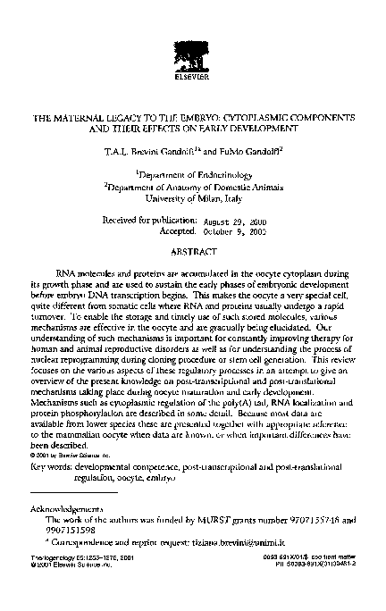 (PDF) The maternal legacy to the embryo: cytoplasmic components and ...