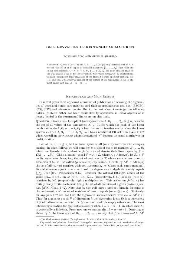 (PDF) On eigenvalues of rectangular matrices