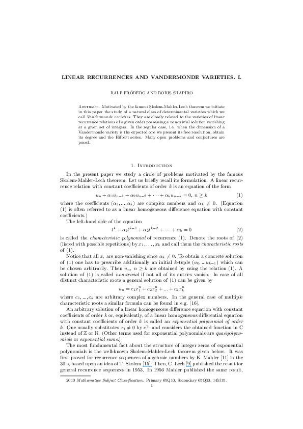 (PDF) Linear Recurrences and Vandermonde Varieties. I