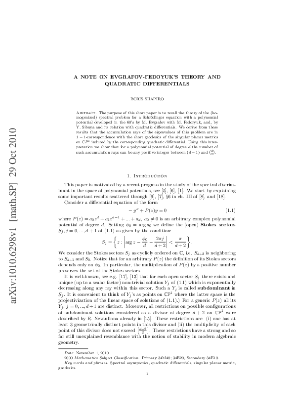 (PDF) A Note on EVgrafov-Fedoryuk's theory and quadratic differentials ...