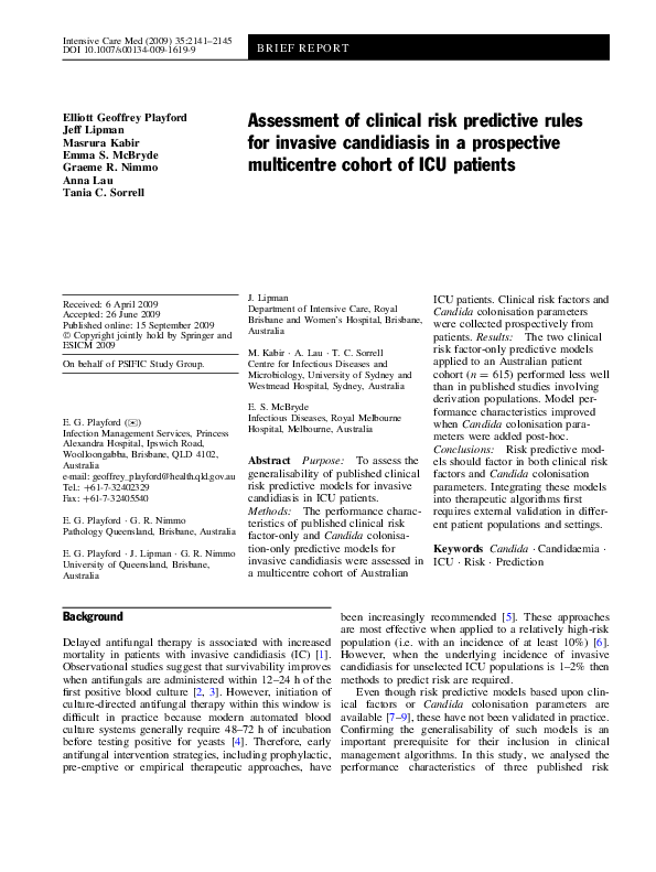 (PDF) Assessment of clinical risk predictive rules for invasive candidiasis in a prospective ...