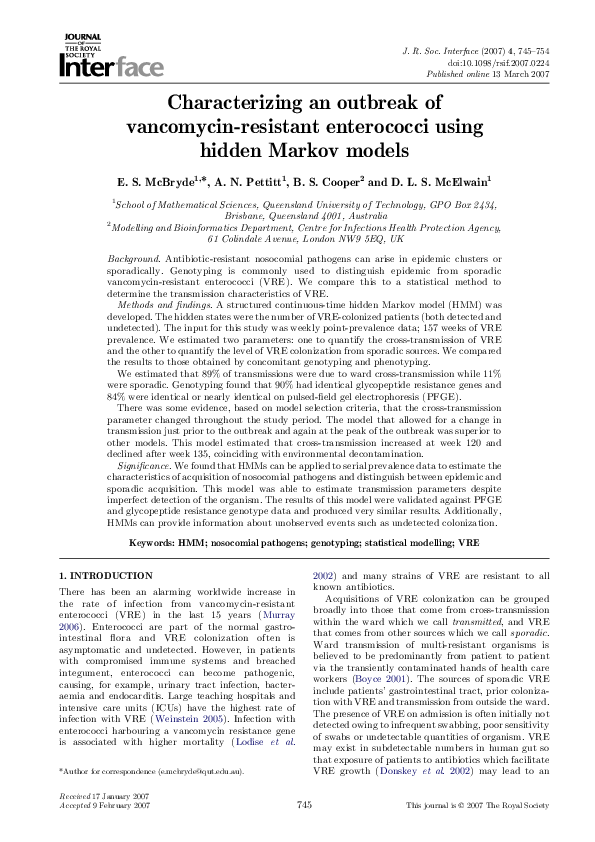 Pdf Characterizing An Outbreak Of Vancomycin Resistant Enterococci Using Hidden Markov Models