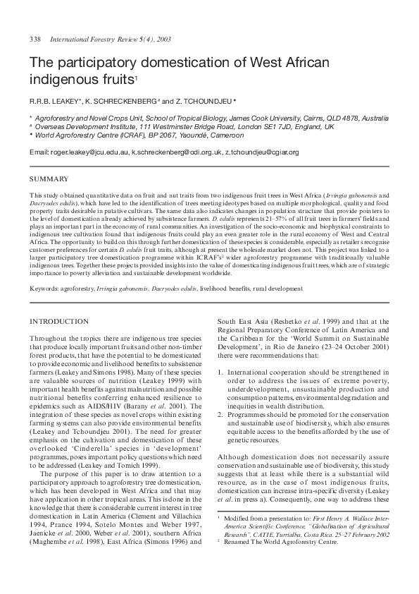 (PDF) The participatory domestication of West African indigenous fruits
