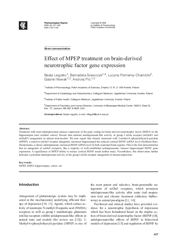 (PDF) Effect of MPEP treatment on brain-derived neurotrophic factor ...