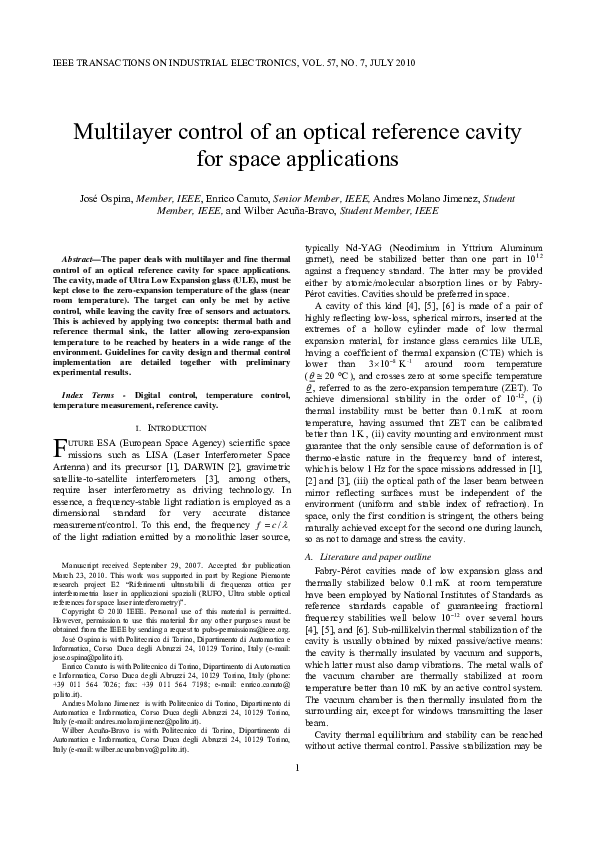 (PDF) Multilayer Control of an Optical Reference Cavity for Space ...