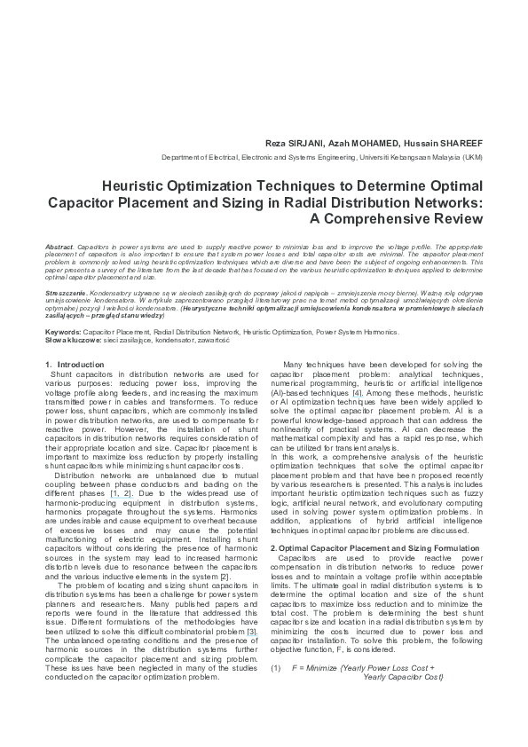 (PDF) Heuristic optimization techniques to determine optimal capacitor placement and sizing in ...