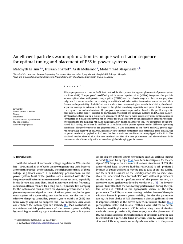 (PDF) An efficient particle swarm optimization technique with chaotic sequence for optimal ...