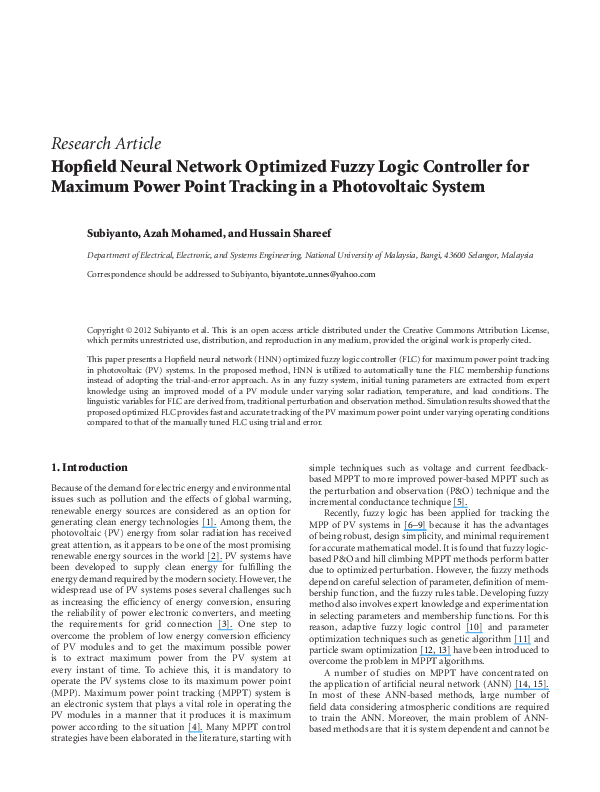 Pdf Hopfield Neural Network Optimized Fuzzy Logic Controller For Maximum Power Point Tracking