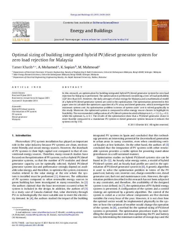 (PDF) Optimal sizing of building integrated hybrid PV/diesel generator system for zero load ...
