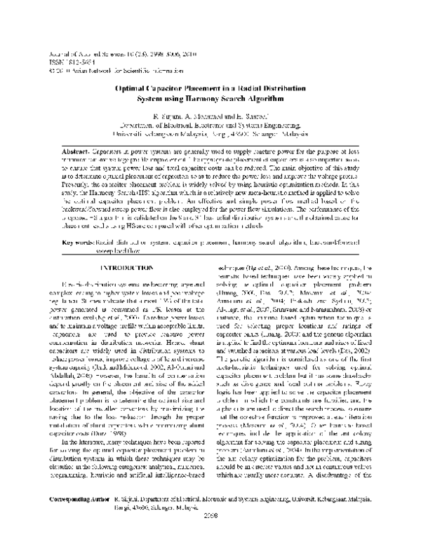 Pdf Optimal Capacitor Placement In Radial Distribution Networks