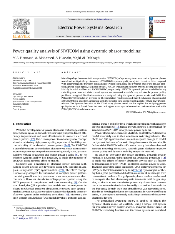 Pdf Power Quality Analysis Of Statcom Using Dynamic Phasor Modeling