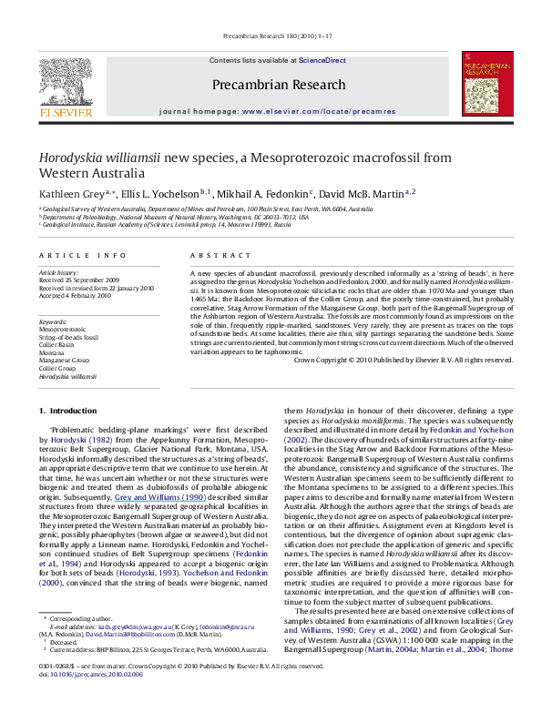 (PDF) Horodyskia williamsii new species, a Mesoproterozoic macrofossil ...