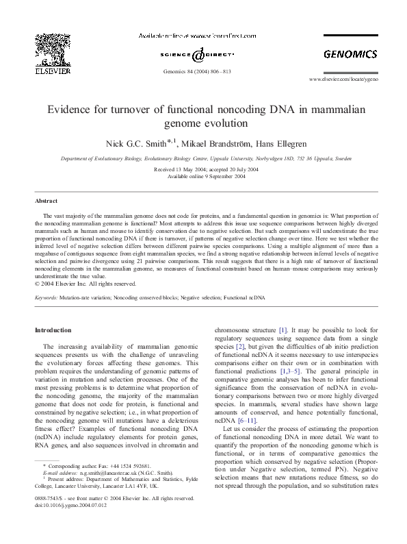 (PDF) Evidence for turnover of functional noncoding DNA in mammalian genome evolution