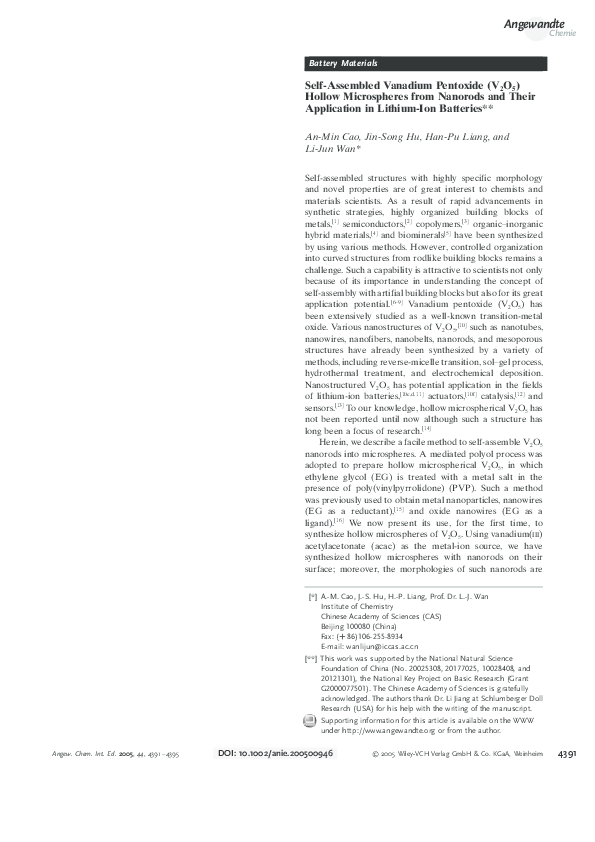 (PDF) Self-Assembled Vanadium Pentoxide (V2O5) Hollow Microspheres from ...