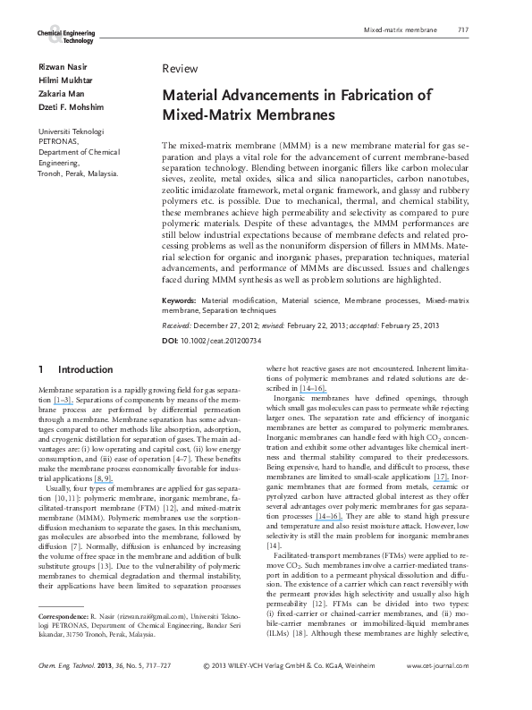 (PDF) Material Advancements in Fabrication of Mixed-Matrix Membranes